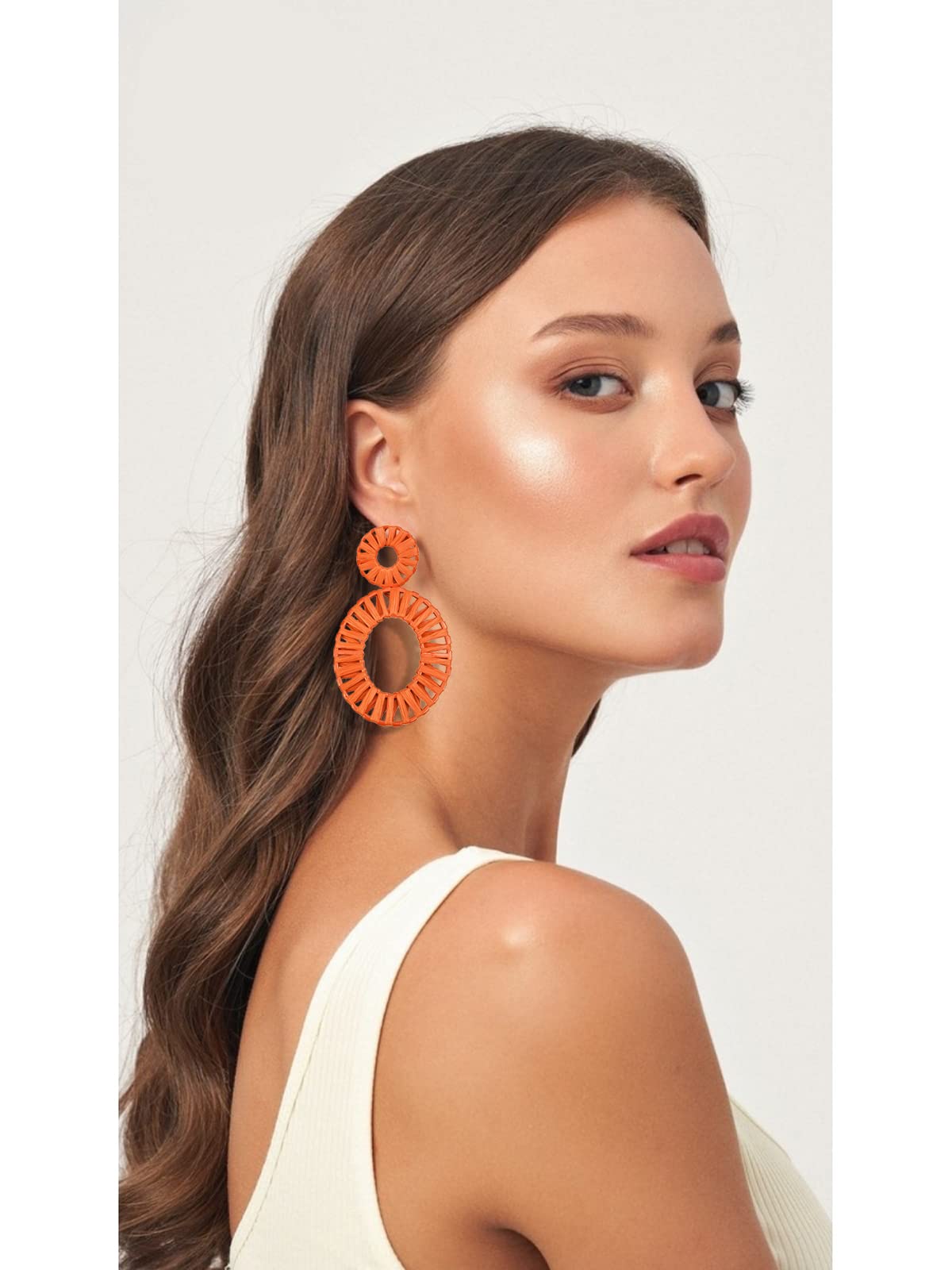 Orange Earrings Thanksgiving Day Earrings Boho Statement Earrings Raffia Rattan Hoop Drop Dangle Earrings for Women Thanksgiving Day Gift