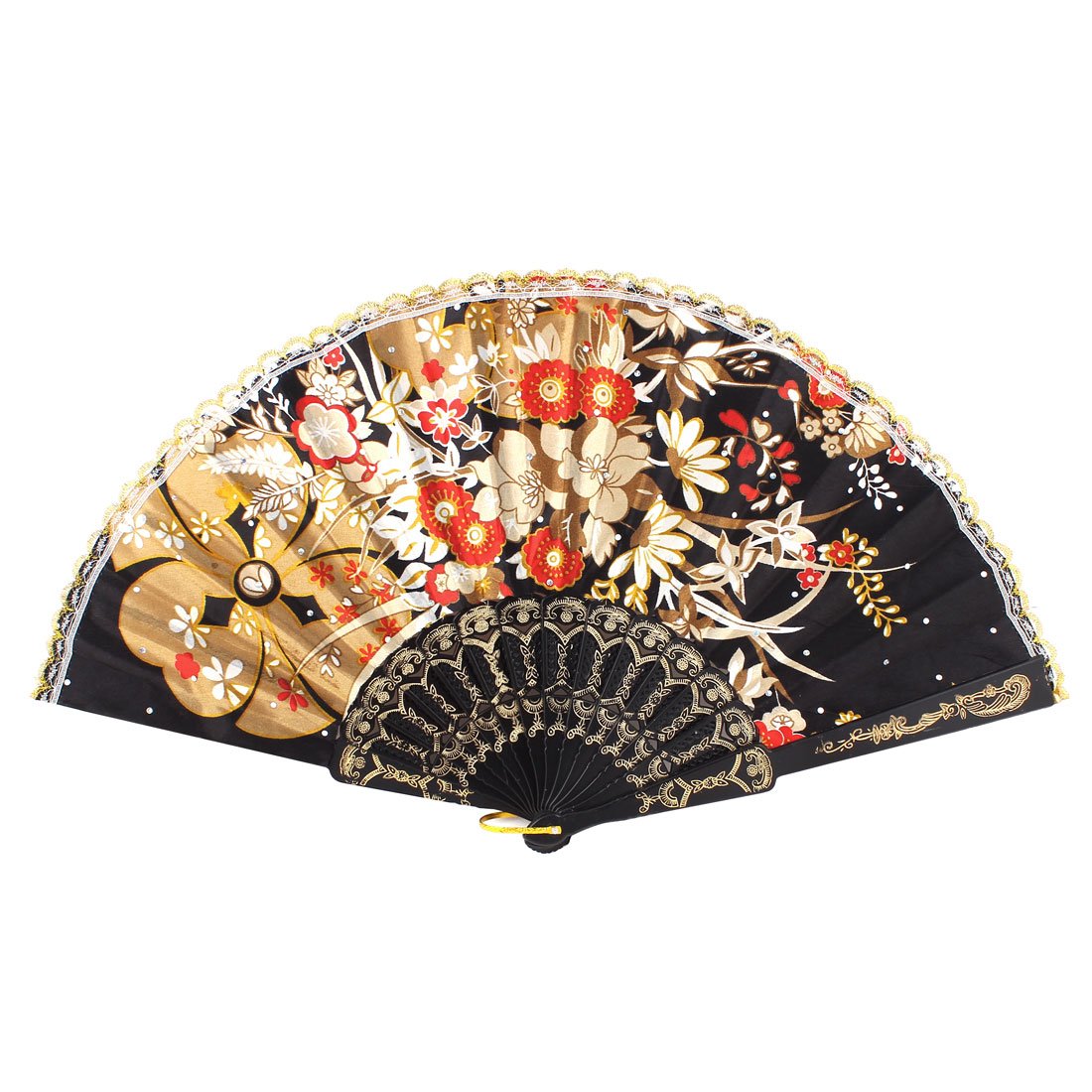 Qtqgoitem Floral Printed Party Dancing Show Folding Hand Fan Black Khaki White (model: be8 8aa 064 b07 e15)