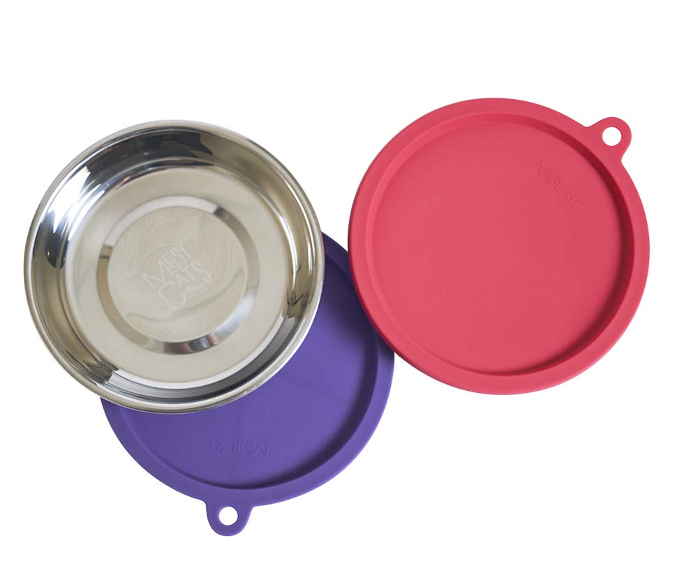 Messy Cats 4pc Set with Two Stainless Saucer Shaped Bowls and Two Silicone Lids, 1.75 Cups Per Bowl, Watermelon and Purple Lids