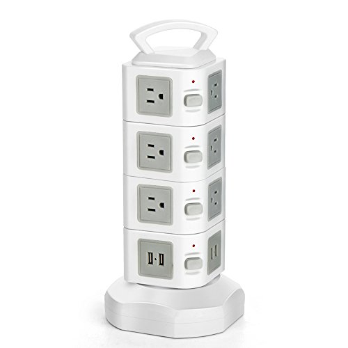 TNP Power Strip Tower Surge Protector - Tower Power Strip with 14 AC Outlets & 4 USB Ports - 2500W/10A - 6ft Cord - USB Plug Tower for Home, Office, Bedroom, Work Desk