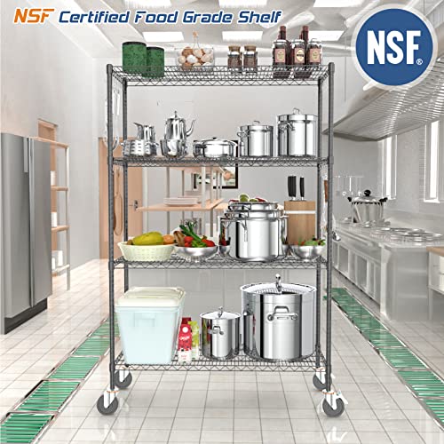 Leteuke Wire Shelving Unit with Wheels, NSF Certified 4 Tier Adjustable Storage Shelves 48"×18"×72", 2400LBS Heavy Duty Shelving Commercial Grade Metal Storage Utility Rack for Kitchen Garage, Black