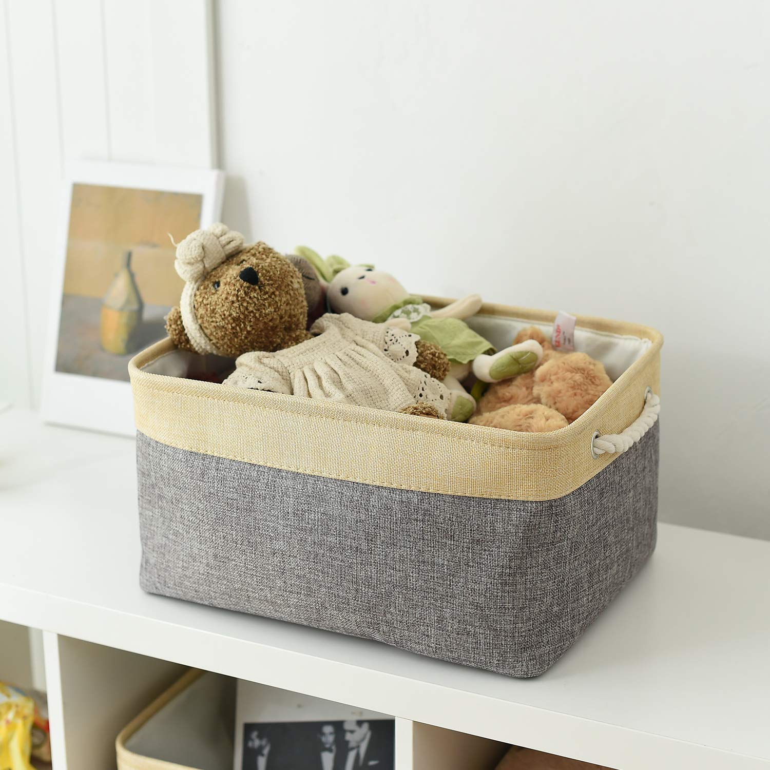 Tegance Storage Baskets Bins for Organizing, Foldable Sturdy Fabric Basket WHandles, Large Rectangular Decorative Storage Basket for Shelves Nursery Closet Toy Blanket， Grey&Gold (3 Pack