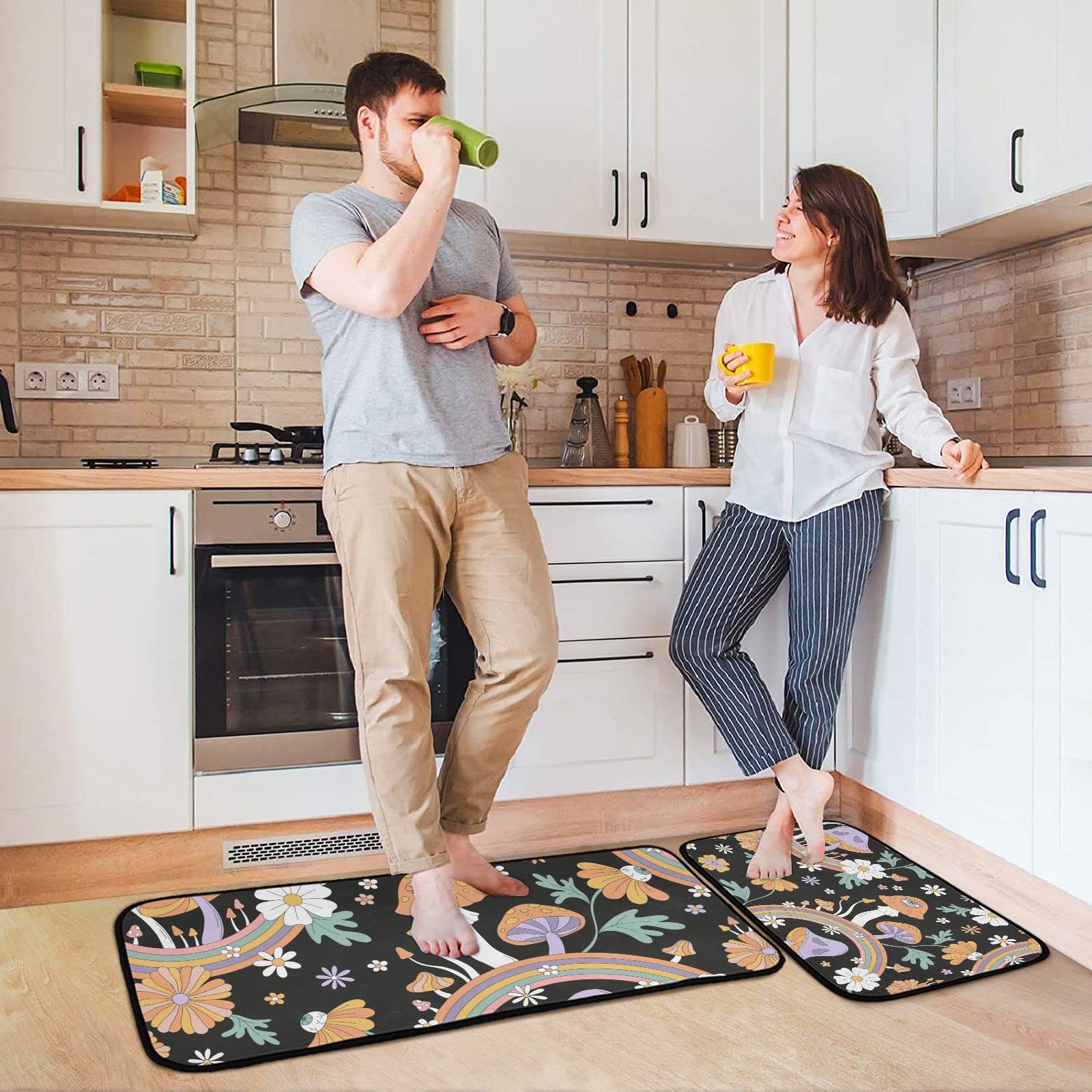NFMILI (Mystical Mushroom) Kitchen Mat 2 PCS Cushioned Anti-Fatigue Kitchen Rug, Waterproof Non-Slip Floor Mats Thick Ergonomic Comfort Standing Mat for Kitchen Sink Laundry Room Bedroom Living Room
