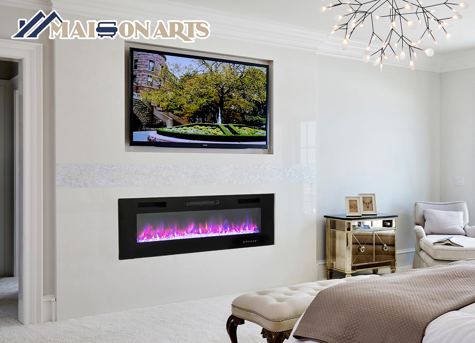 MAISON ARTS 50" Electric Fireplace Indoor Wall Mounted & Recessed Fireplace Heater with Remote Control & Touch Screen,8hrs Timer, Adjustable Flame & Bed Colors and Speed for Bedroom Living Room,1500W