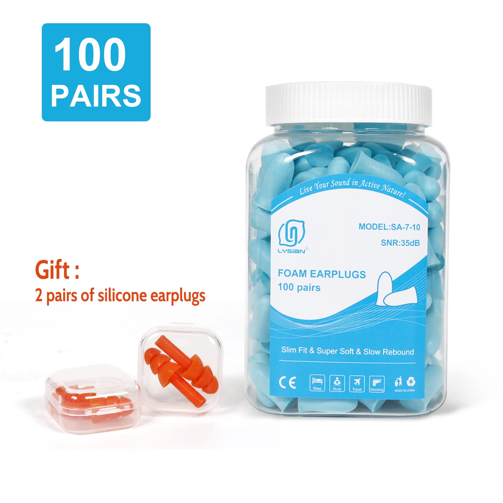 LYSIAN Slim Fit Foam Ear Plugs for Sleeping Women, Kids Small-100 Pairs, 35dB SNR Noise Reduction Earplugs for Sleep, Snoring, Work, Shooting Loud Noise, Lake Blue