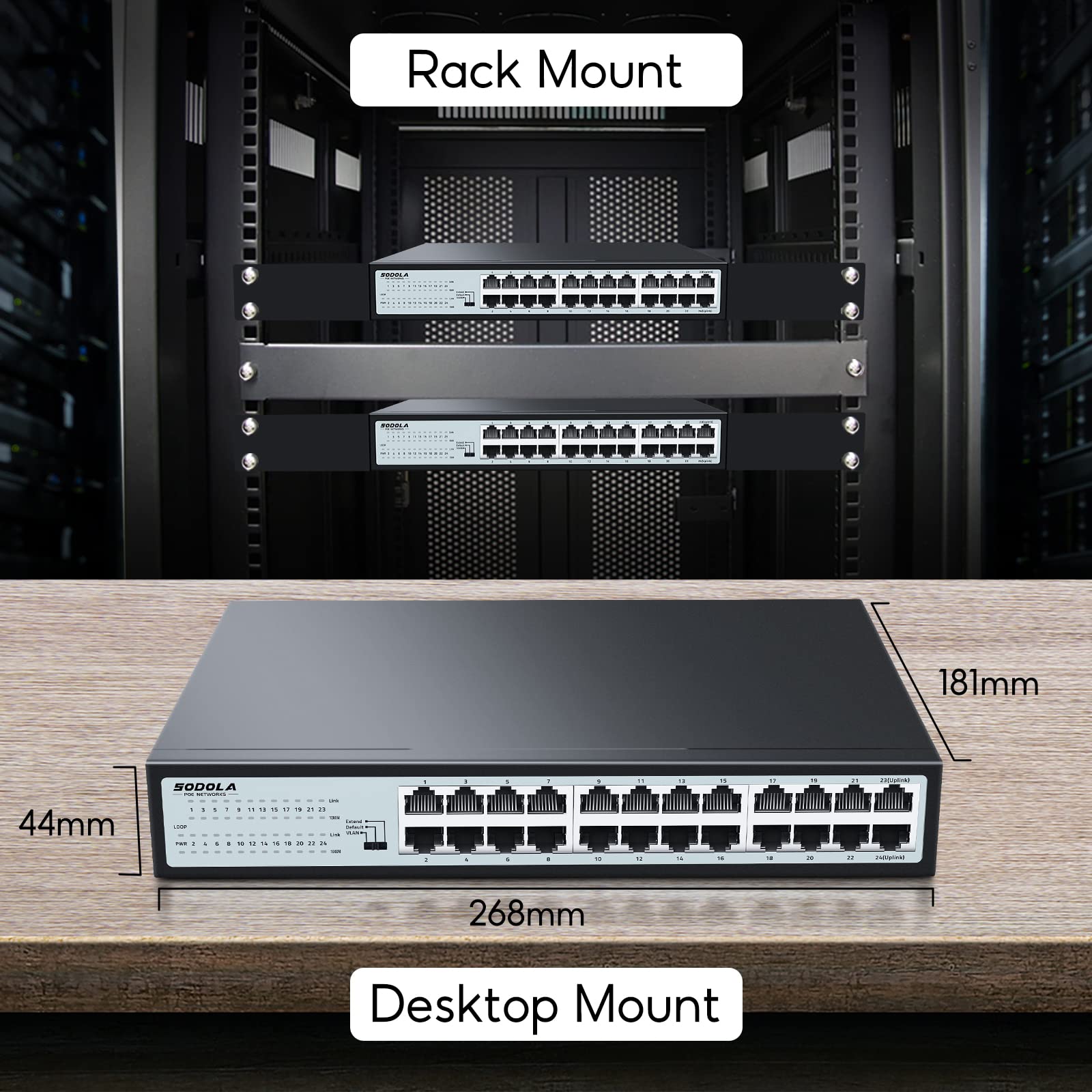 SODOLA 24 Port Gigabit Ethernet Switch | Desktop/ 1U Rackmount | QoS Priority| Plug & Play | Shielded Ports | Metal Housing | Fanless Design|Unmanaged Network Switch
