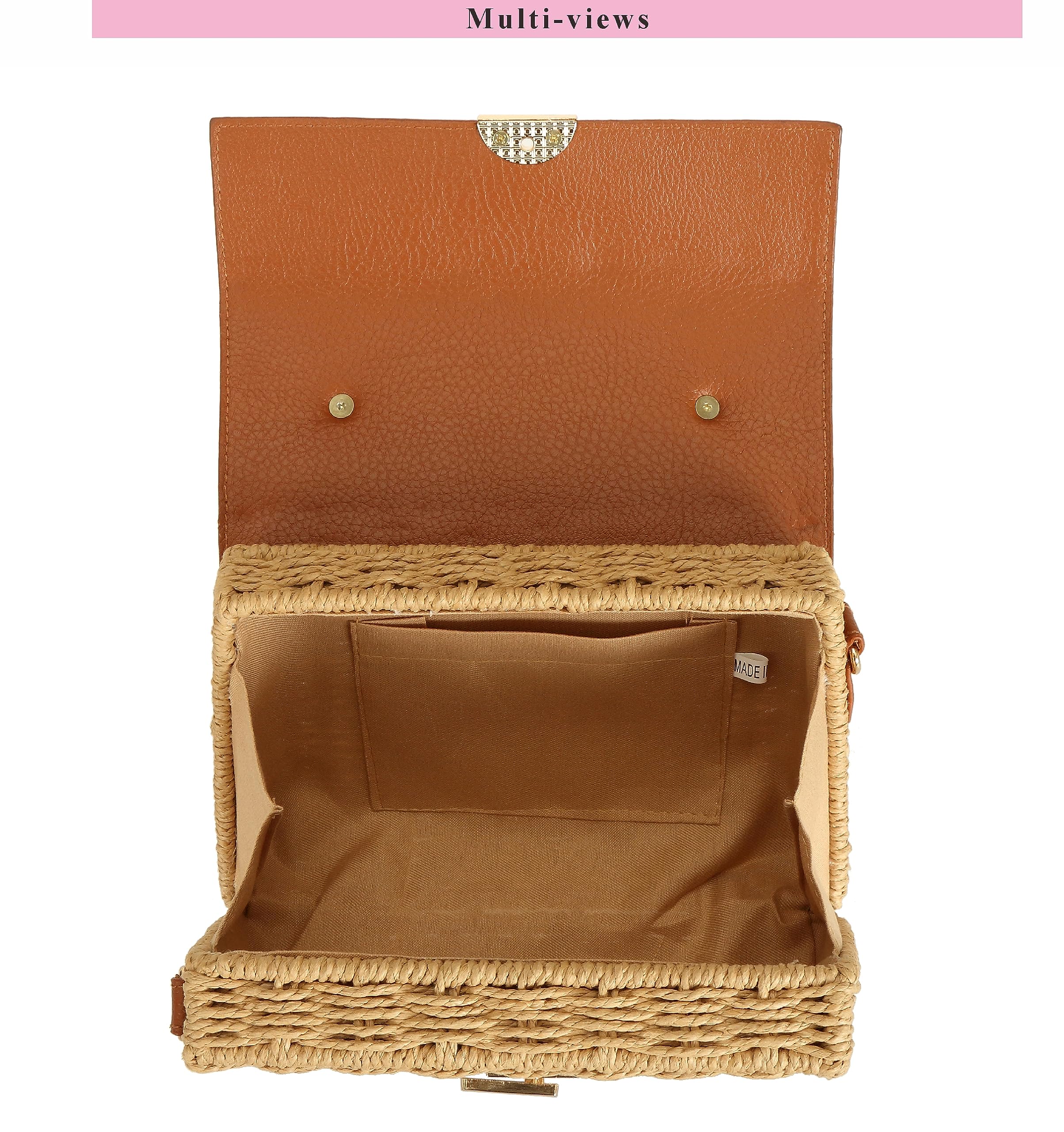 TaiGuri Women's Handmade Straw Rattan Woven Purse Top Handle Tote Shoulder Bag Handbag, Khaki, Medium