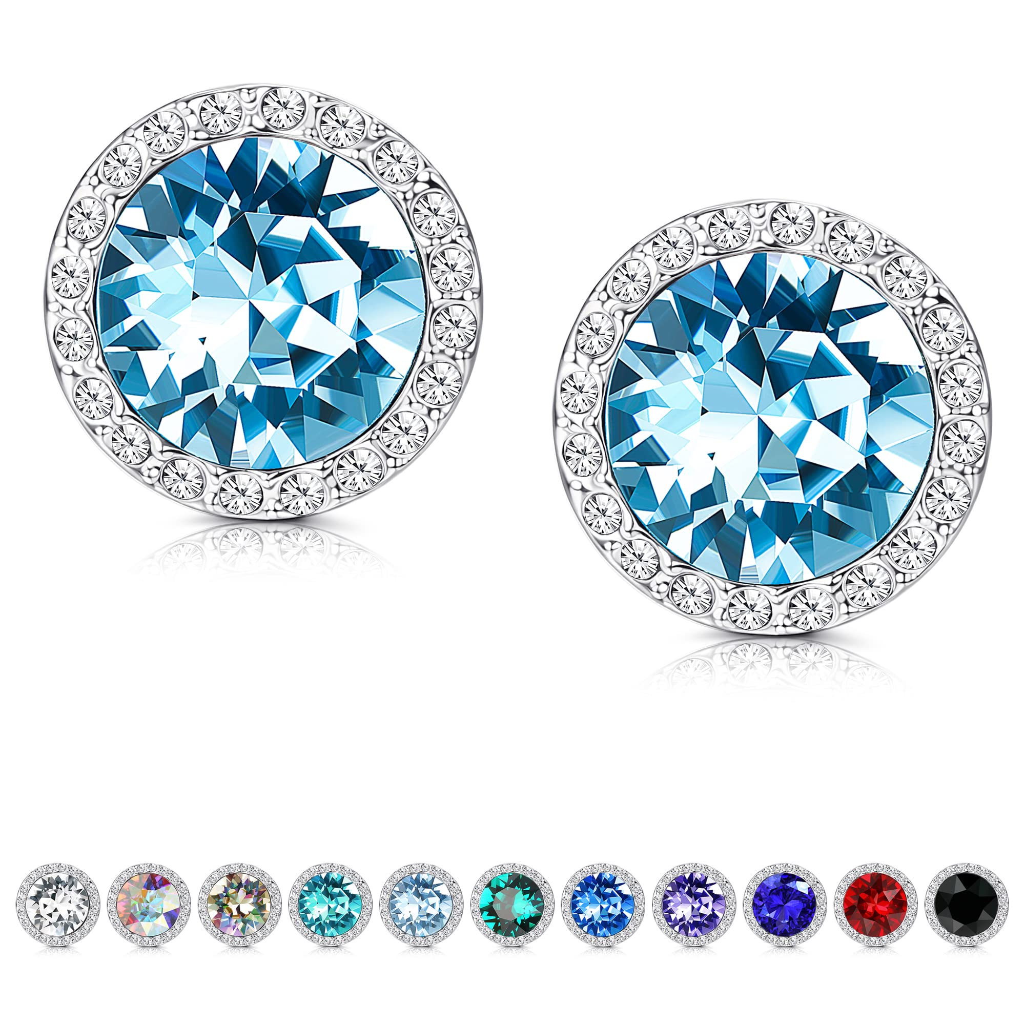 KesaPlan Sterling Silver Crystals Stud Earrings for Women, Made of Austria Crystals, Round-Cut Rhinestone Halo Bridal Earring Hypoallergenic Blue