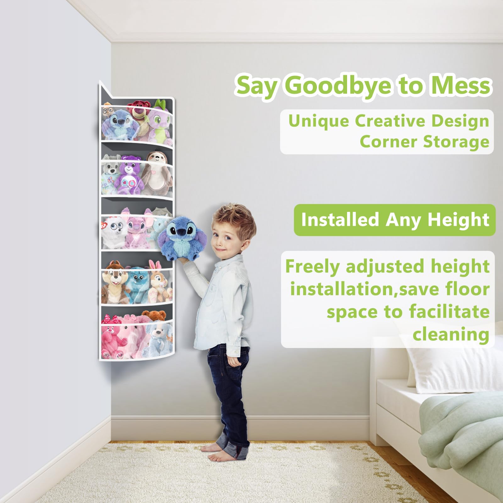 UVIAHOMI Sofe Corner Stuffed Animal Storage Toy Organizer, Child-Friendly Wall Corner Storage,Toy Shelf for Stuffed Animals, Diapers,Toys - Baby Ideas Holder with 5 Large