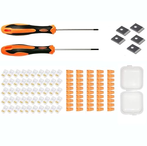 RJ45 Crimp Tool Kit Pass through Ethernet Crimper kit for Cat5 Cat5e Cat6,RJ45 Crimping Tool with 50PCS Connectors, 50PCS Covers,1 Wire Punch Down Cutter and 1 Network Cable Test(9V Battery Included)