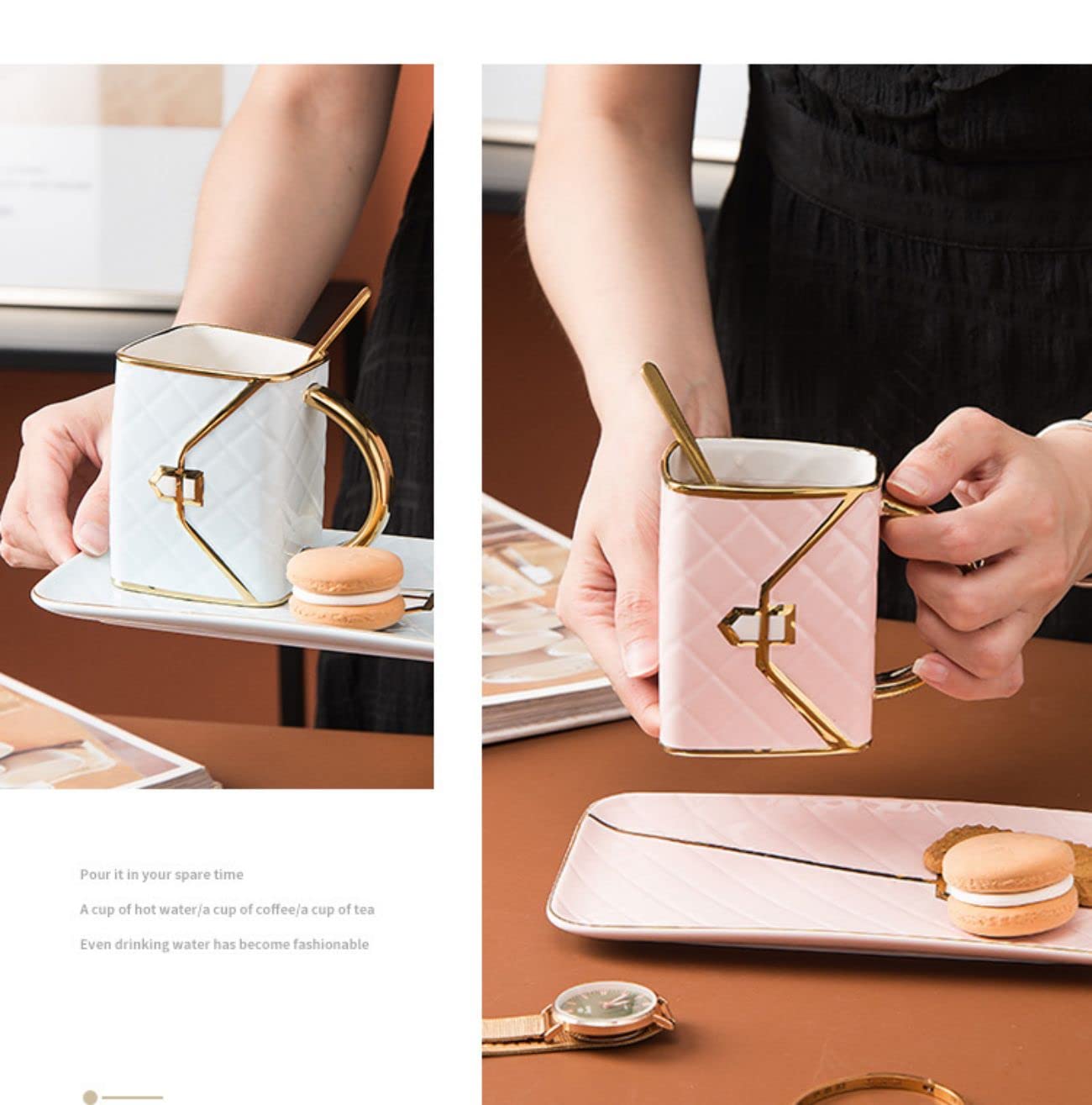 LmlJoo Creative and Adorable Handbag-Shaped Mug with Saucer Cup and Golden Spoon for Enjoying Tea, Juice, Milk, Hot Chocolate or Cappuccino (Blue)