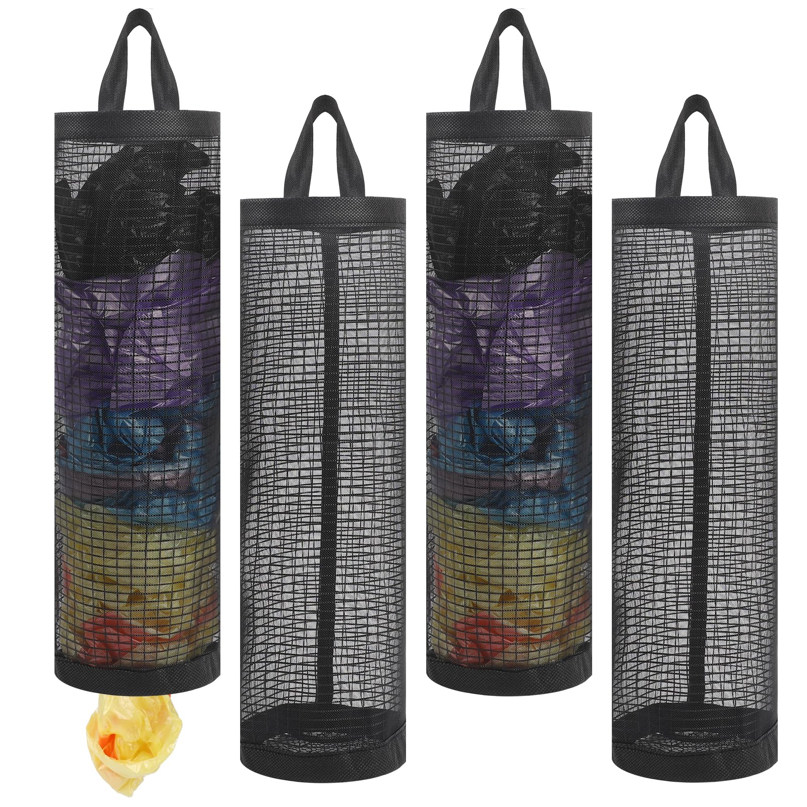 Plastic Bag Holder, 4 Pack Grocery Bag Holder for Plastic Bags, Mesh Hanging Storage Bag Dispenser Shopping Bag Holder Trash Bags Grocery Bag Organizer