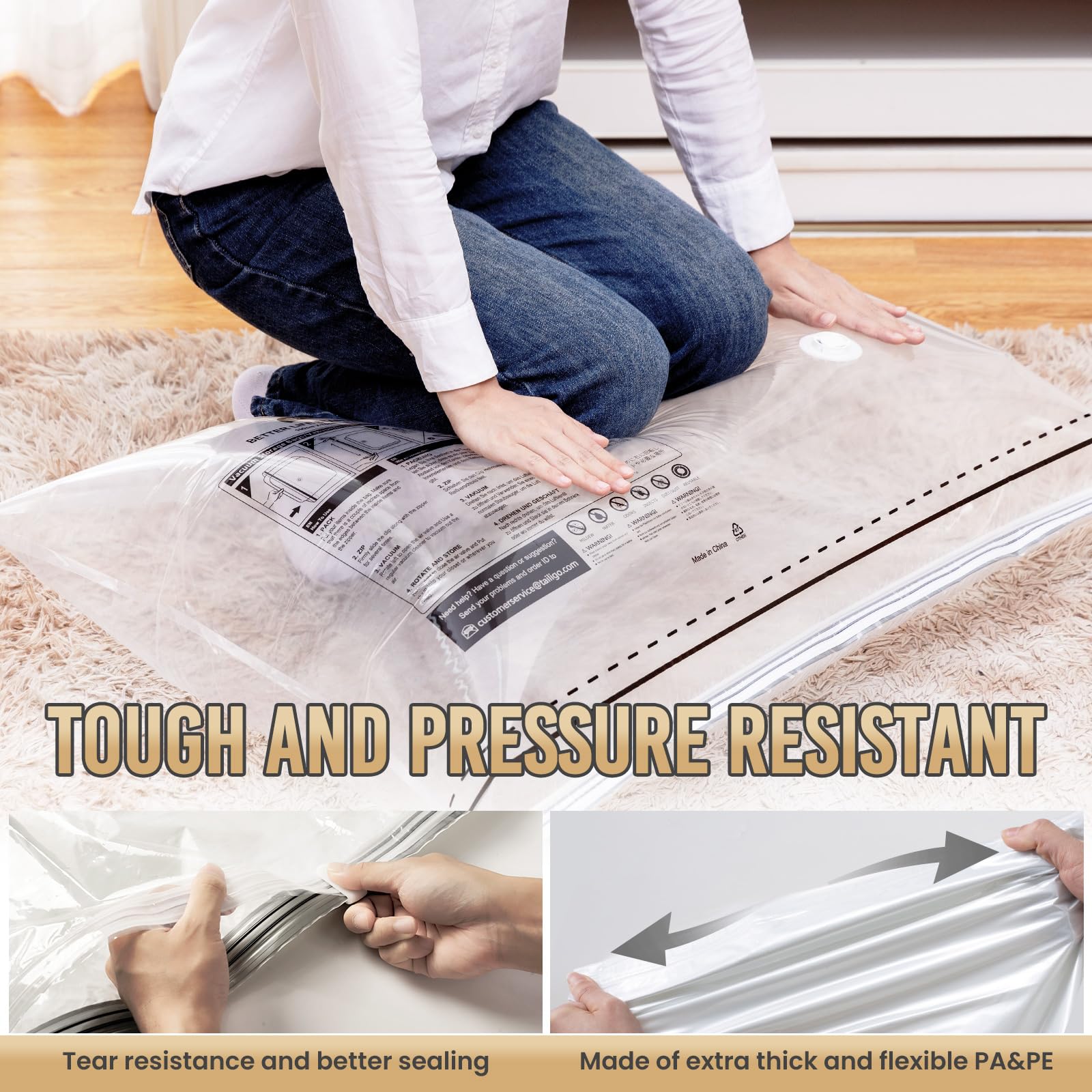 TAILI Long Side Zip - 8 Extra Large Vacuum Storage Bags for Bedding for Towels, Blankets, Pillows or Clothes-Space Saver Vacuum Seal Bags for Clothing Ideal Under Bed Storage Solution