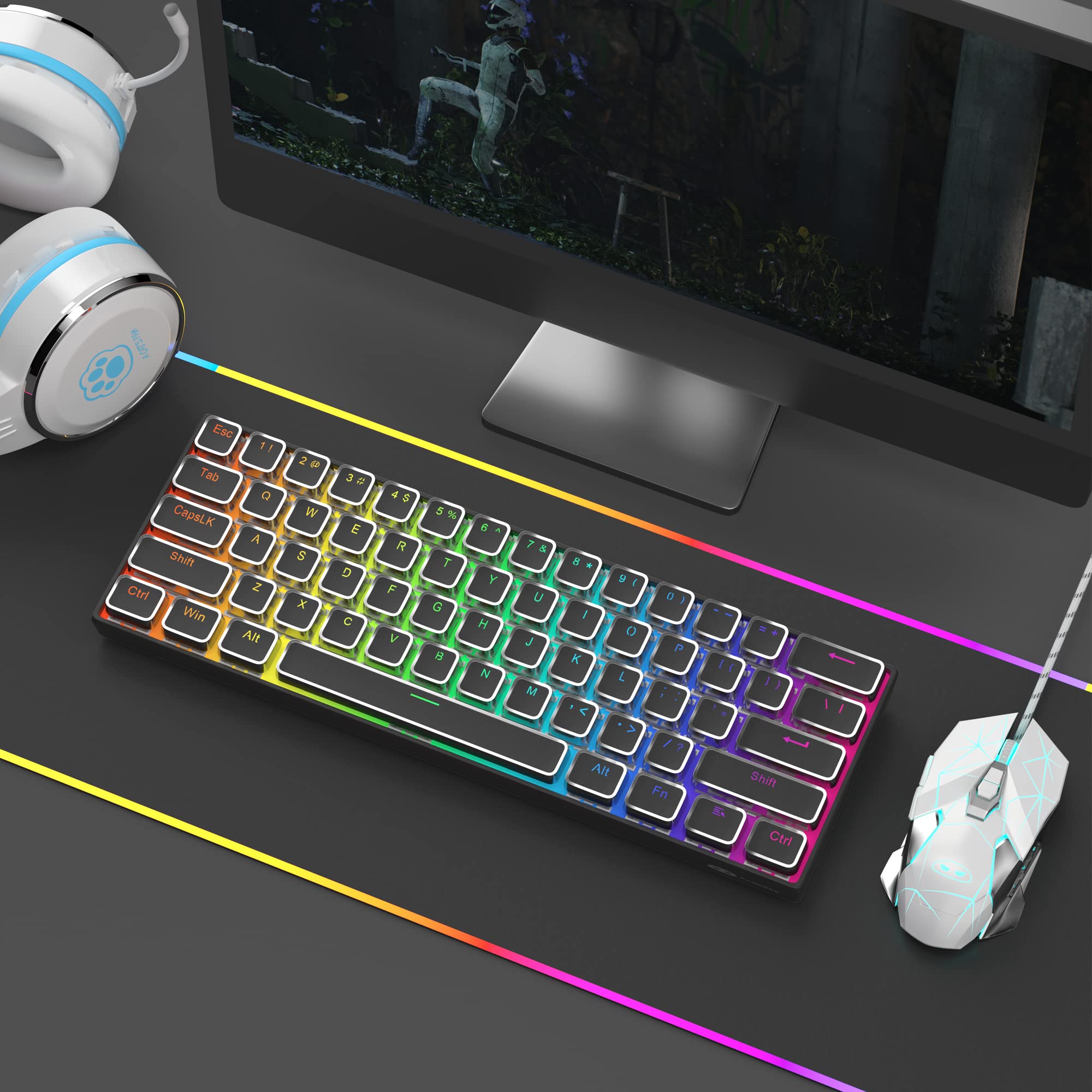 Portable 60% Typewriter Keyboard Wireless, Cute Cool RGB Backlit Mechanical Gaming Keyboard with Linear Red Switches, Wired/Wireless Connection 61 Keys Mini Keyboard for Windows Mac Android PC(Black)