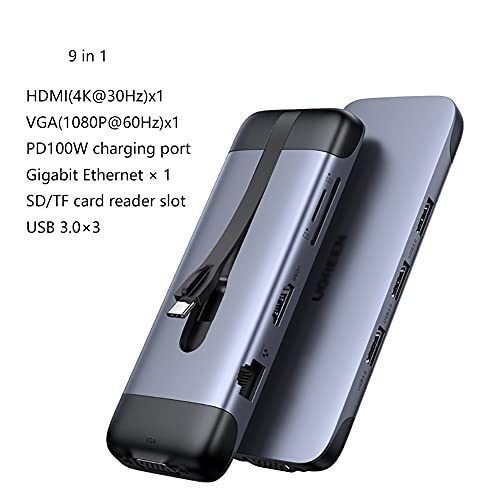 SOEN Hub Dock Adapter 9 in 1 USB C Hub Adapter USB-C Splitter with 4K HDMI, 1080P VGA,100W PD, 3 USB 3.0 Ports,SD/TF Card Reader, Ethernet Computer Accessories
