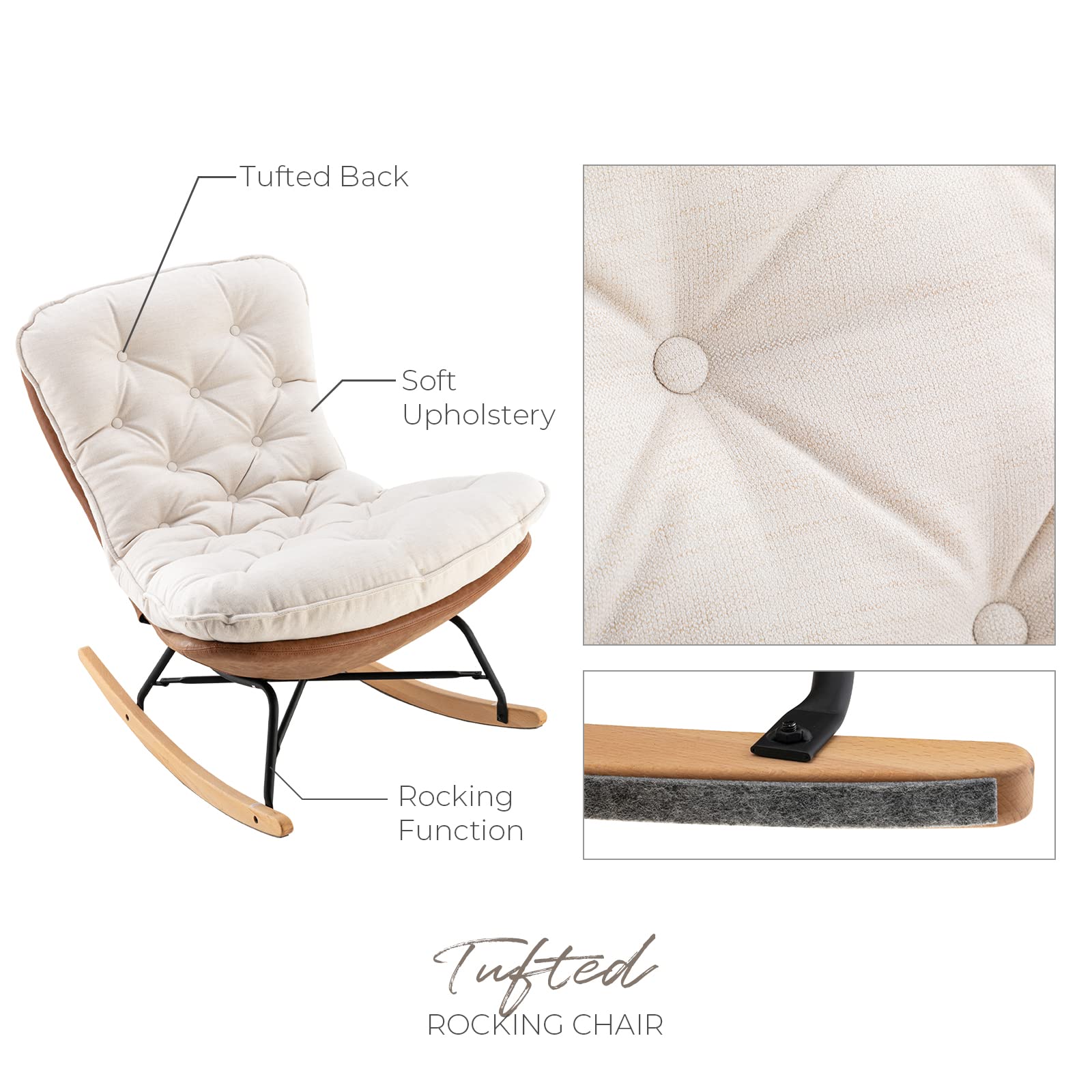 LZAREAL Rocking Boho Glider Chair for Nursery Comfy Accent Chairs for Living Room/Bedroom, Side Rocker Chair with Back Tufted Design Upholstered Fabric Padded Seat with Solid Wood Base, Linen-Cream