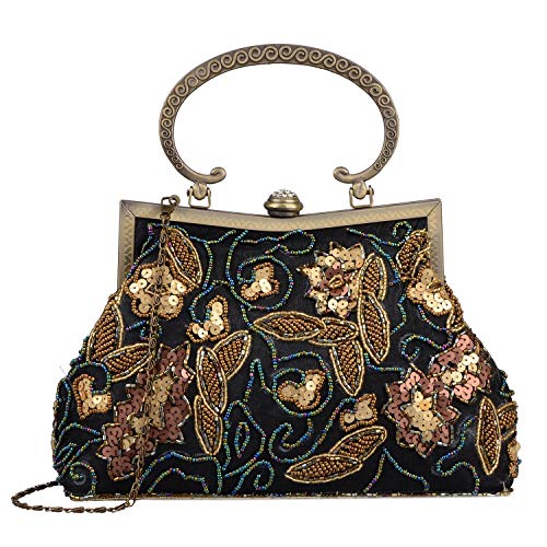 KISSCHIC Women's Vintage Sequins Beaded Evening Bag Handbag Wedding Clutch Handle Bag Formal Hand Bag (Black)