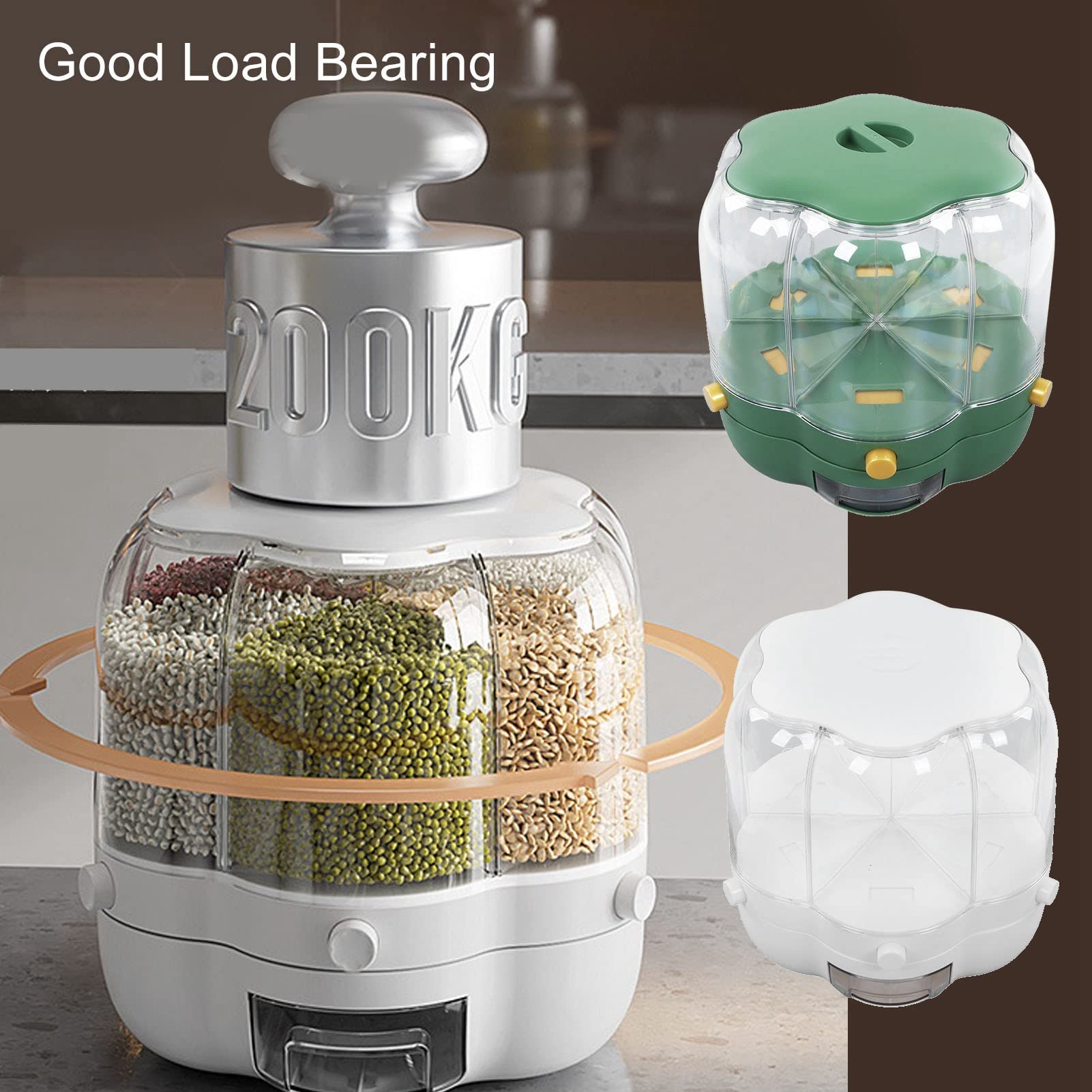 Rice Dispenser Box, 6 Compartments Rotating Grain Container Large Capacity Grain Storage Box Home Kitchen Separate Rice Bucket Dry Food Dispenser for Rice, Millet, Barley, Beans (White 9kg / 19.84lb)