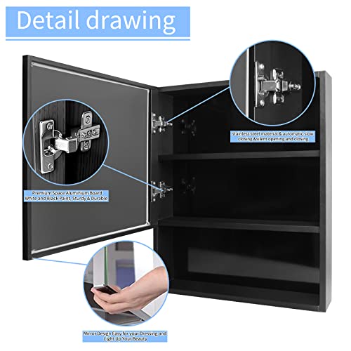 YEPOTUE Black Mirrored Medicine Cabinet 23.6" x19.6 Bathroom Wall Mounted Space Aluminum Storage, Water, and Rust Resistant, Surface Mount…