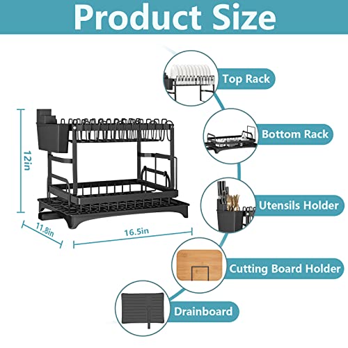 Makayla Dish Drying Rack - Rustproof, 2 Tier High Capacity and Solid Design, Metal Kitchen Counter and Cutting Board Organizer, Drainboard, Knife Cup Utensil Holder, Black