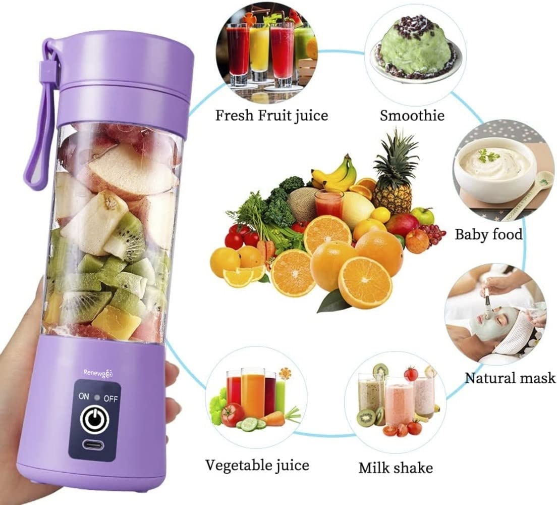 Renewgoo BlendMate Blender Portable Juicer Travel Bottle Portable Personal USB-C Mini Rechargeable Electric Smoothie Maker, Fruit & Veggie Blending To Go, Purple