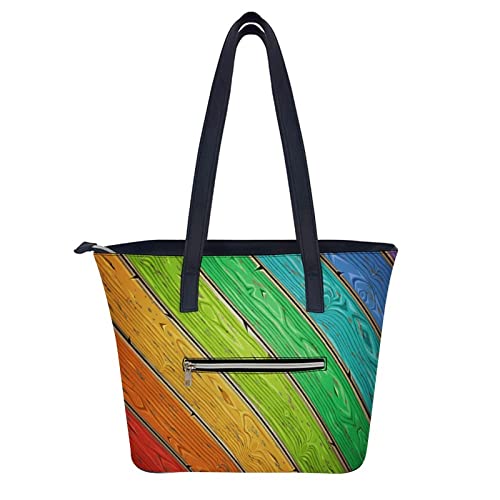 Rainbow Old Wooden Painted Women's Tote Bag PU Leather Shoulder Bag Handbags Purse For Work Shopping Travel