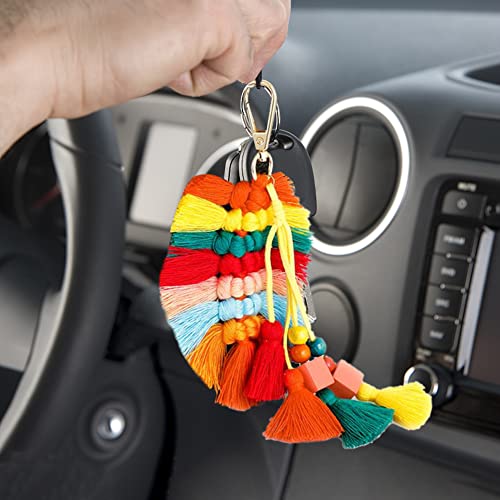 MoreChioce Car Keychain, Wooden Bead Key Chain Cute Cotton Thread Tree Leaves Key Ring Pendant Handbag Bag Decoration Accessories,Yellow