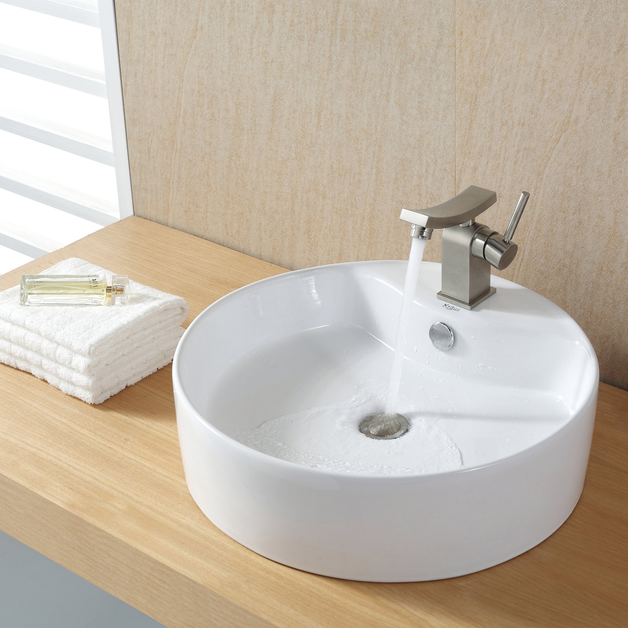 Kraus KCV-142-SN White Round Ceramic Bathroom Sink and Pop Up Drain with Overflow Satin Nickel