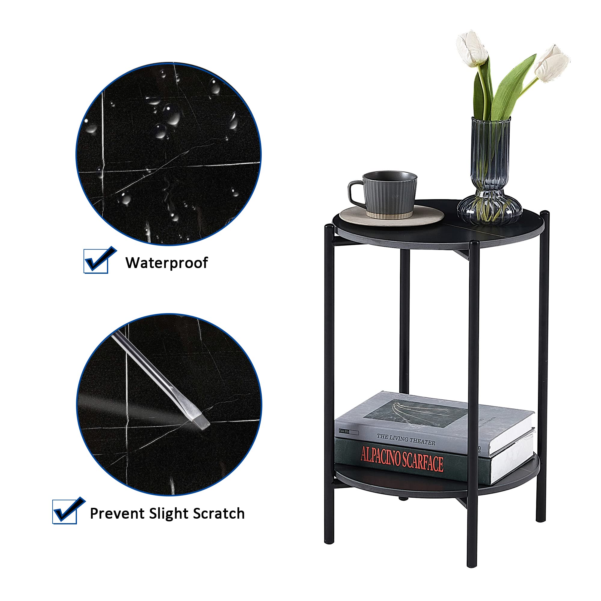 JYXNHJE Side Table,end Table,sode Table,Table with Storage,Metal Frame, Marble Table top, Two Levels of Storage, Suitable for Living Room (Pure Black)