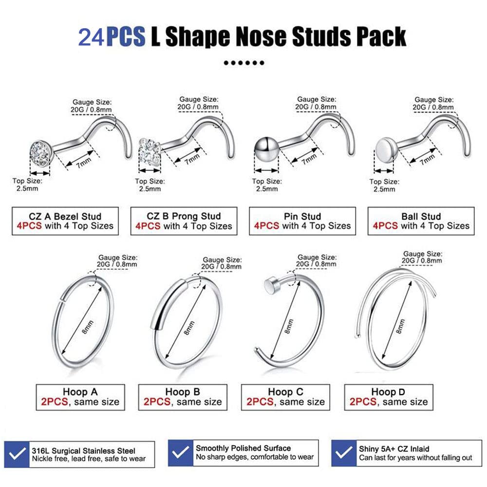 Piercingpops 24Pcs Surgical Stainless Steel Mixed Nose Stud Nose Ring Hoop Cartilage Earrings Nose Piercing Body Jewelry for Women Men Set (A:24PCS - Silver(Nose Screws Style))
