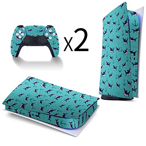 Shark with Anchor Full Protective Skin Cover Design Wrap Decal Sticker Compatible with PS5 Digital Edition Console and Controller
