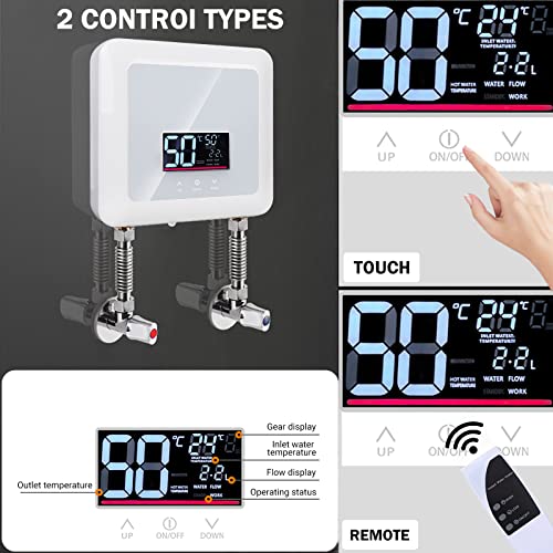 Tankless Instant Hot Water Heater with Remote Control, Electric, 5500W, 110V,Constant Temperature, Digital Display for RV Home Kitchen Indoor(White)(Can't Use Socket)