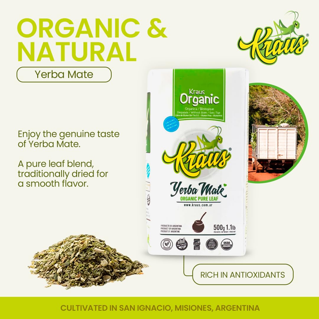 KRAUS Organic Yerba Mate | Pure Leaf | unsmoked | Authentic Flavor | USDA | 100% Organic | 1.1 LB / 500 g / 17.6 oz