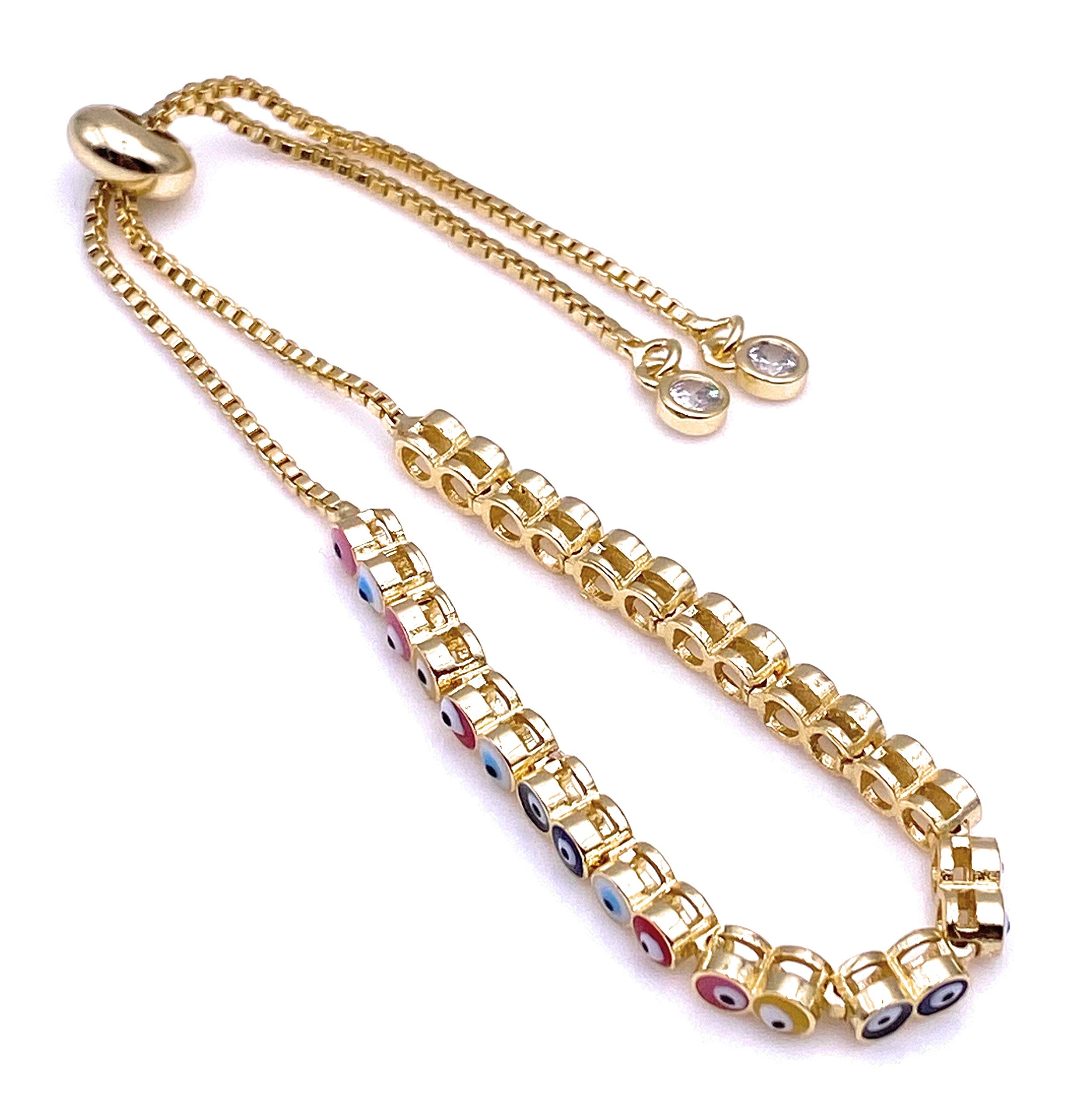 LESLIE BOULES Multicolored Strand Evil Eyes Bracelet 18K Gold Plated Adjustable Chain Protection Jewelry