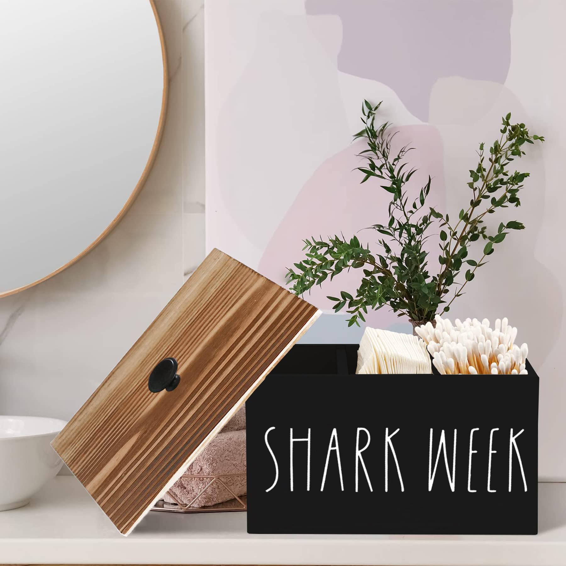 Tampon Holder for Bathroom,Farmhouse Bathroom Organizer,Rustic Wood Bathroom Storage Bin with Lid,Wood Movable Partition Feminine Product Organizer with Lid,Bathroom Accessories Box (Black wood)