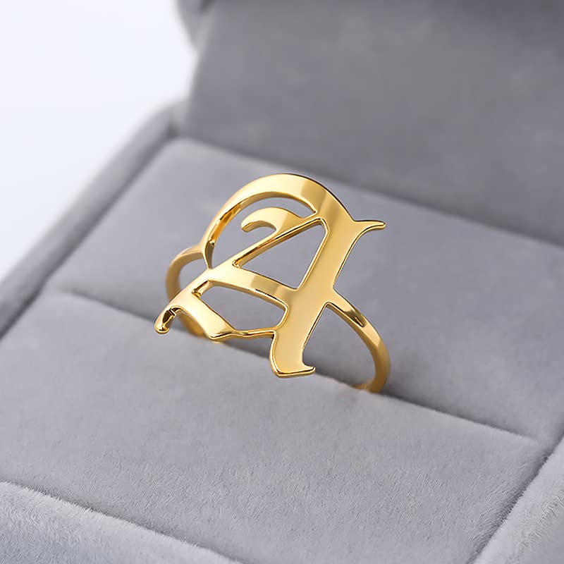 LOYJOY Letter Rings For Women Old English Font Ring A-Z Letter Gold Adjustable Opening Initial Ring - A - Platinum Plated - Resizable