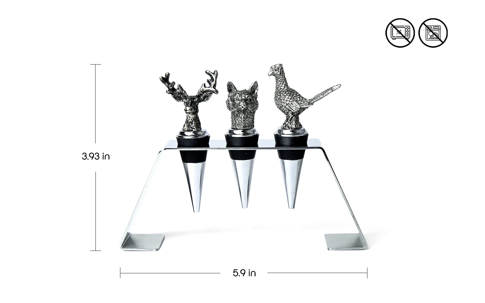 Rigeli Regent Stainless Steel 3-Piece Animal Stoppers Set (Trapezium Holder) Classic Design 3 Piece Wine Stopper Set, Bottle Stoppers with stand - Set of 3