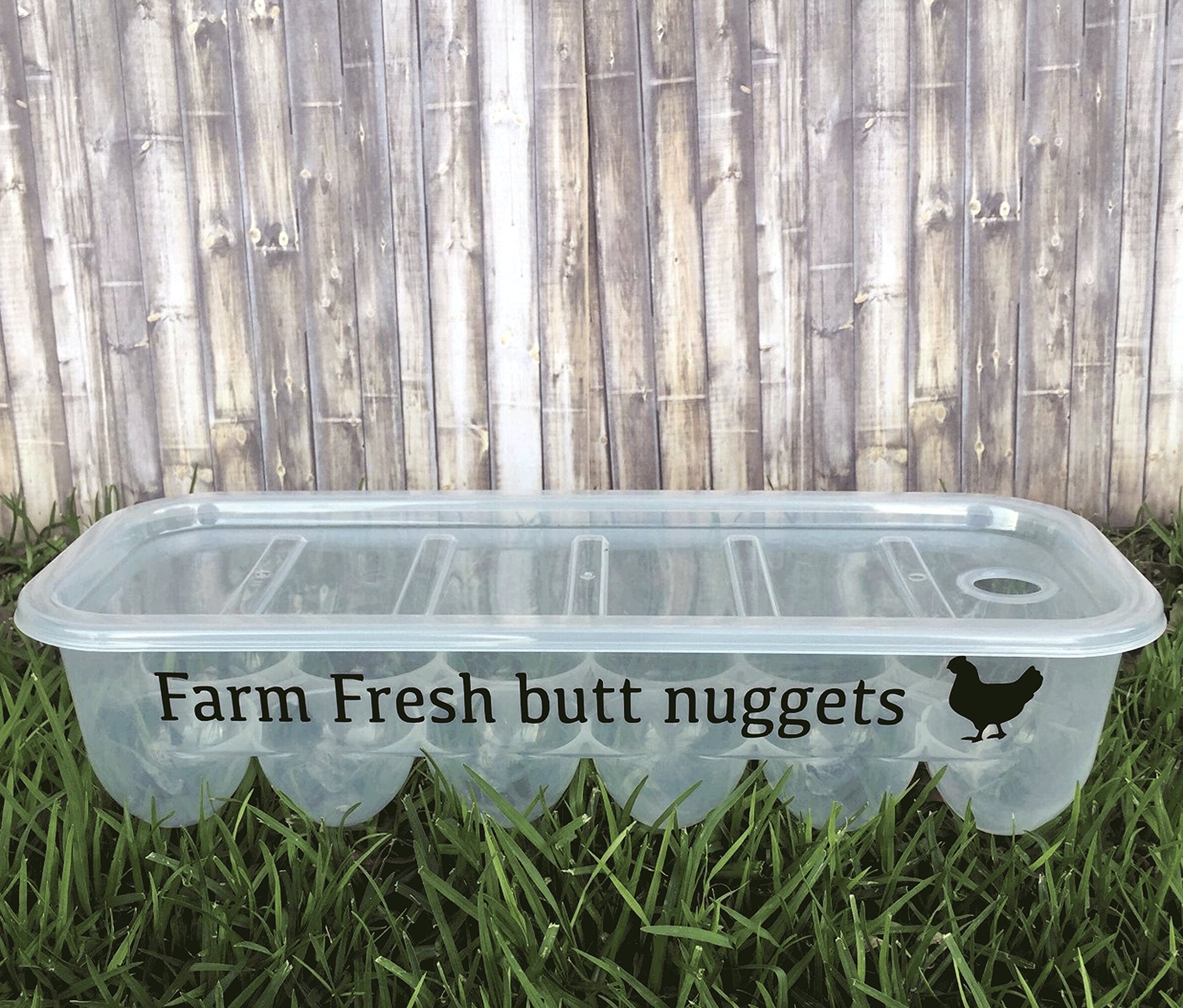 Plastic Egg Storage Containers with Lids and Custom Messages designed to make you smile! Great Gift! (Farm Fresh Butt Nuggets)