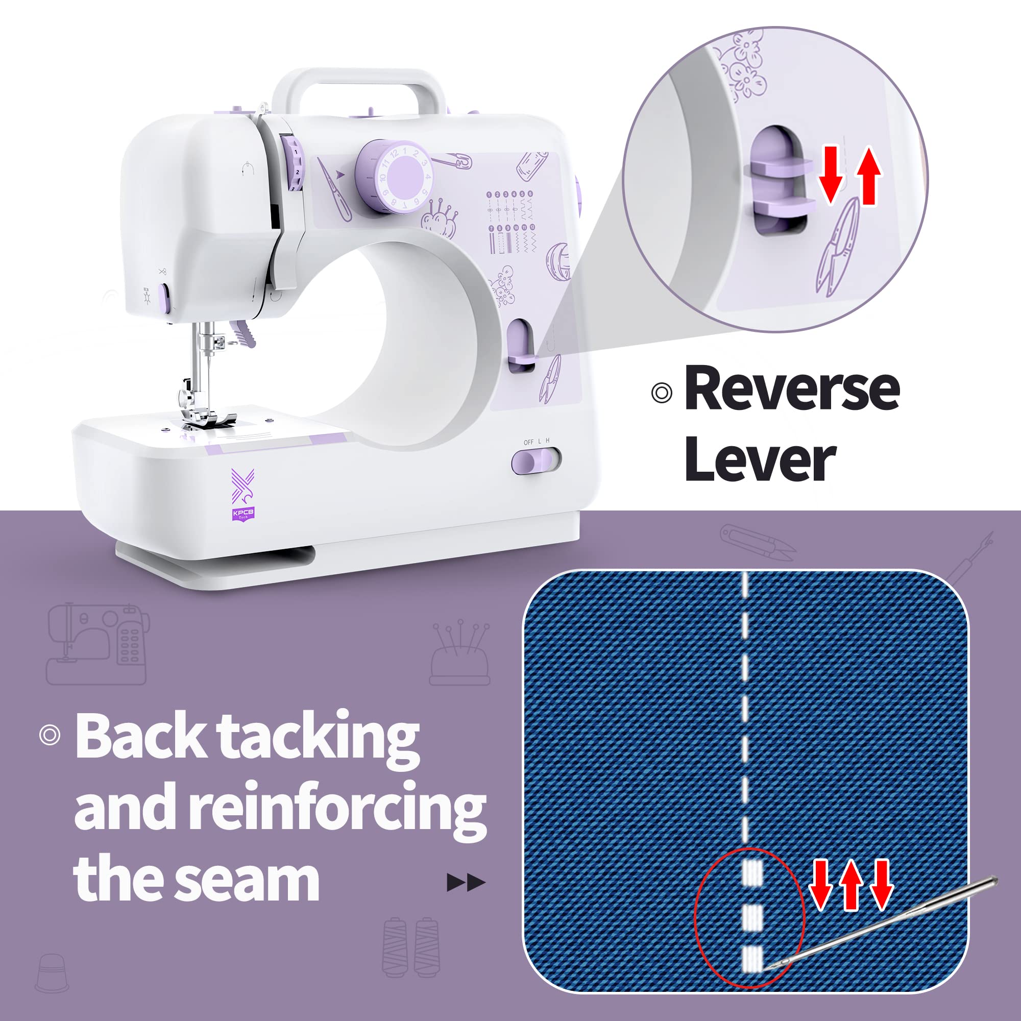 KPCB Tech Sewing Machines for Beginners, 12 Stitches Sewing Machine with Updated LED Strip and Sewing Kit Home Travel Use