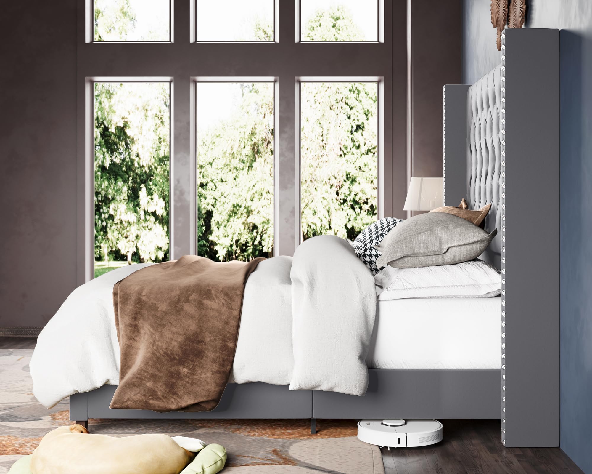 Jocisland Velvet Upholstered Bed Frame King Size 61.4" Tall Headboard King Bed Frame/Deep Button Tufted/No Box Spring Needed/Grey