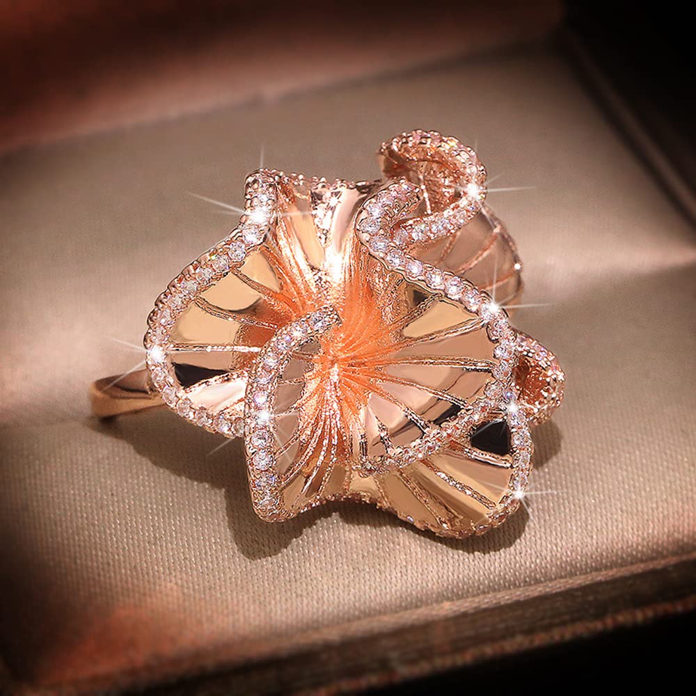 LOYJOY Zircon Camellia Flower Wedding Rings Rose Gold Solid Fashion Women Engagement Finger Ring - 8 - China