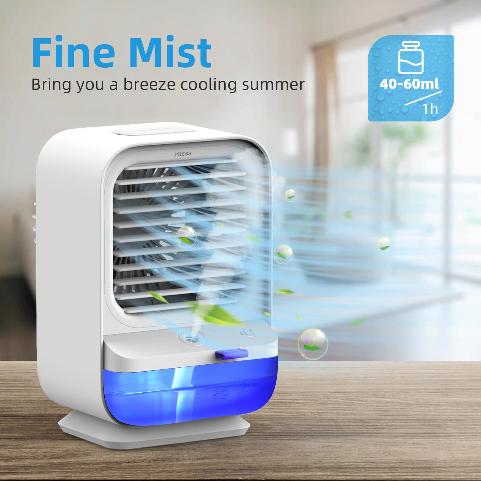 Portable Evaporative Air Cooling Cooler, Personal Air Conditioner Fan, Adjustable Wind Direction w/3 Speeds, Water Tank, White