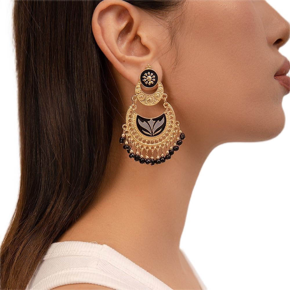 Kenjudess Vintage Turquoise Beaded Tassel Chandelier Earrings Retro Gold Ethnic Long Moon Drop Dangle Hook Earrings Exotic Indian Belly Dance Accessories for Women (Black B)