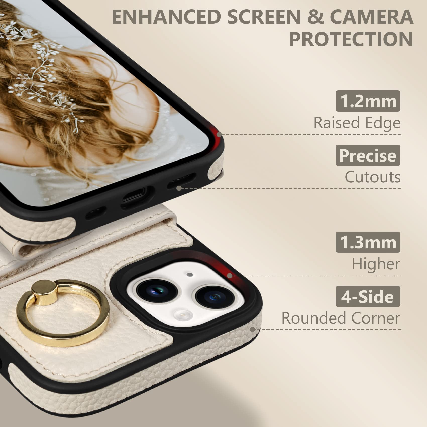 Keallce Case for iPhone 15 Wallet Case, Flip Leather Case with 4 Card Holder, Ring Holder Kickstand Protective Folio Phone Cover for Women Ladies, Beige