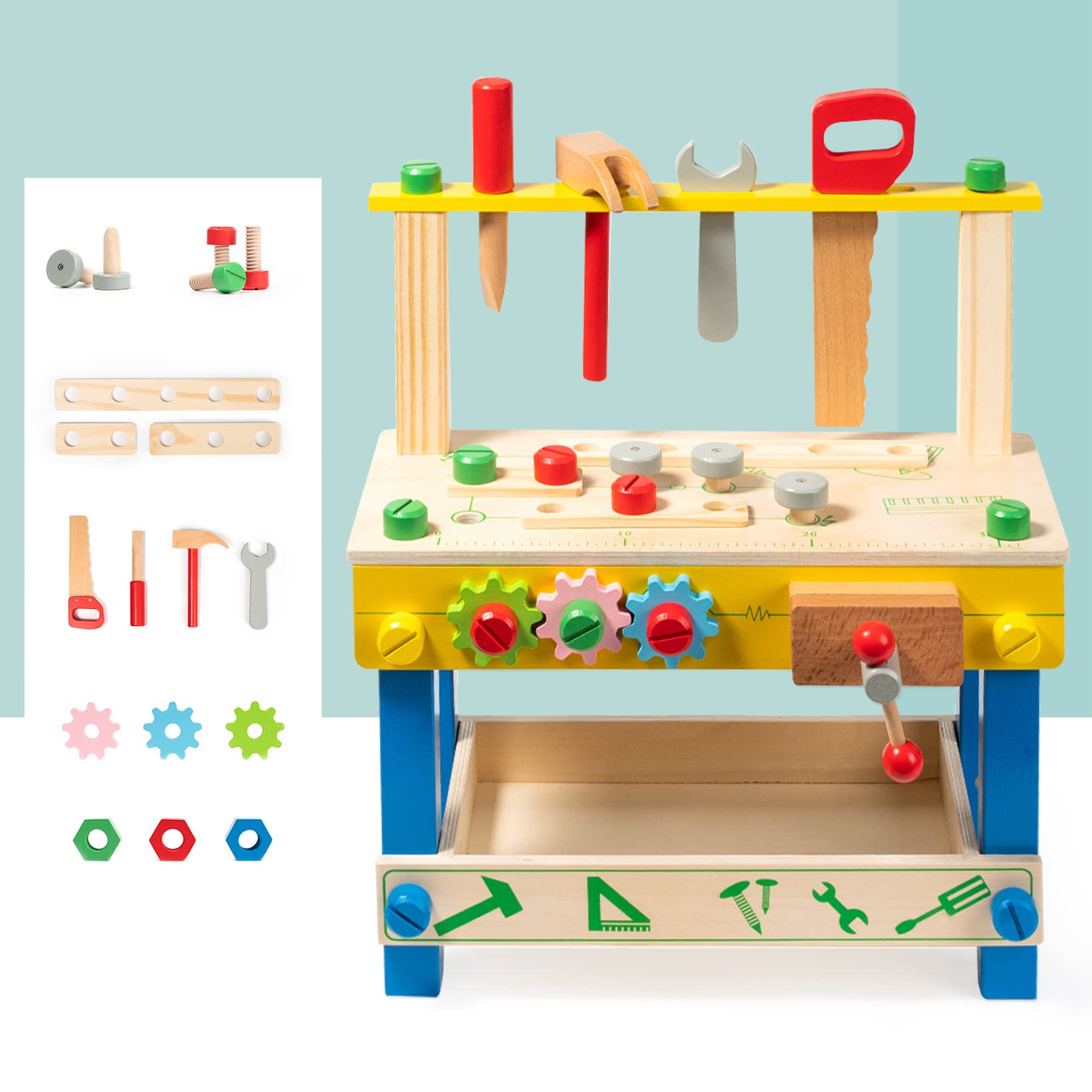 ROBOTIME Tool Workbench for Toddler Kids Toy Play Tool Bench Wooden Small Tool Workbench Workshop Educational Pretend Play Wood Construction Toys Gift for 2 3 4 5 Years Old Boys Girls (Blue)