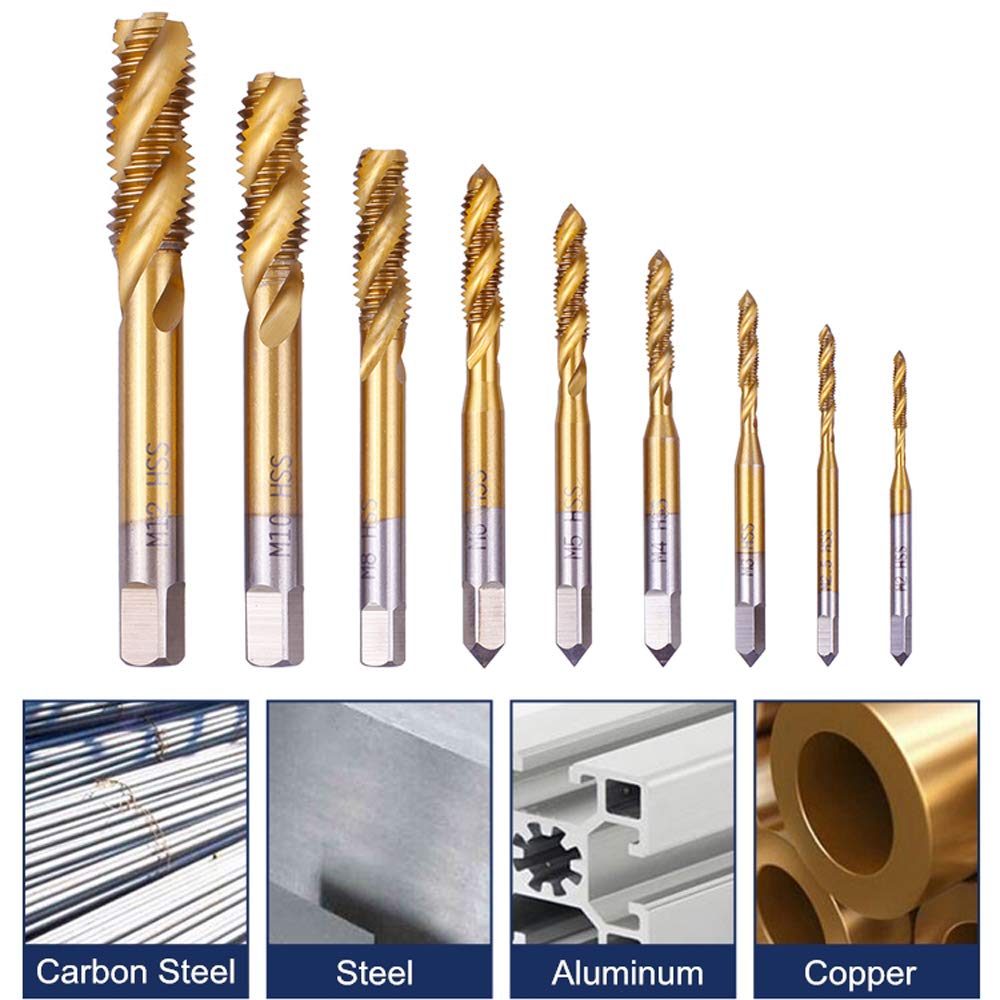 Rocaris 9 Pack of M2 M2.5 M3 M4 M5 M6 M8 M10 M12 Titanium Coated HSS Spiral Flute Metric Taps Set