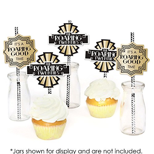 Roaring 20's - Paper Straw Decor - 1920s Art Deco Jazz Party Striped Decorative Straws - Set of 24