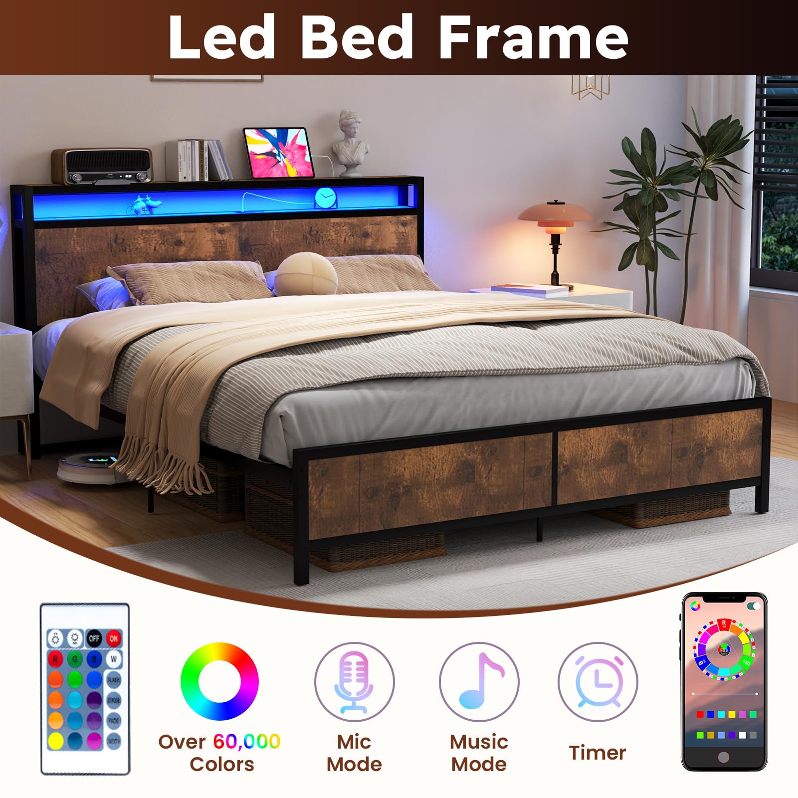 Kiivakii Queen Size Bed Frame with Headboard Storage, LED Platform Bed Built in USB Ports, Noise Free, Heavy Duty No Box Spring Needed, Rustic Brown
