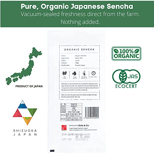 Ocha & Co. Organic Sencha - Loose Leaf Japanese Green Tea - High Grade Sencha Green Tea - Mild, Rich & Refreshing Premium Tea, 100g/3.5oz.