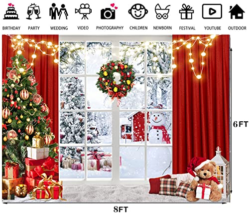 LTLYH Red Christmas Backdrop 8x6ft Winter Snow Window Christmas Photo Decorations Backdrop Christmas Party Banner Photoshoot Backdrops Xmas Photo Booth Props Background